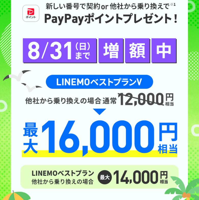 【2025年8月】LINEMOキャンペーンPayPay増額キャンペーン8月31日（日）まで4,000円増額中｜週穫祭月替わり週替わり｜キャッシュバック ｜ 古都モバイル